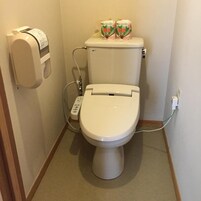 Sanitário com função bidé, dispensador de papel higiénico e rolo de papel higiénico.