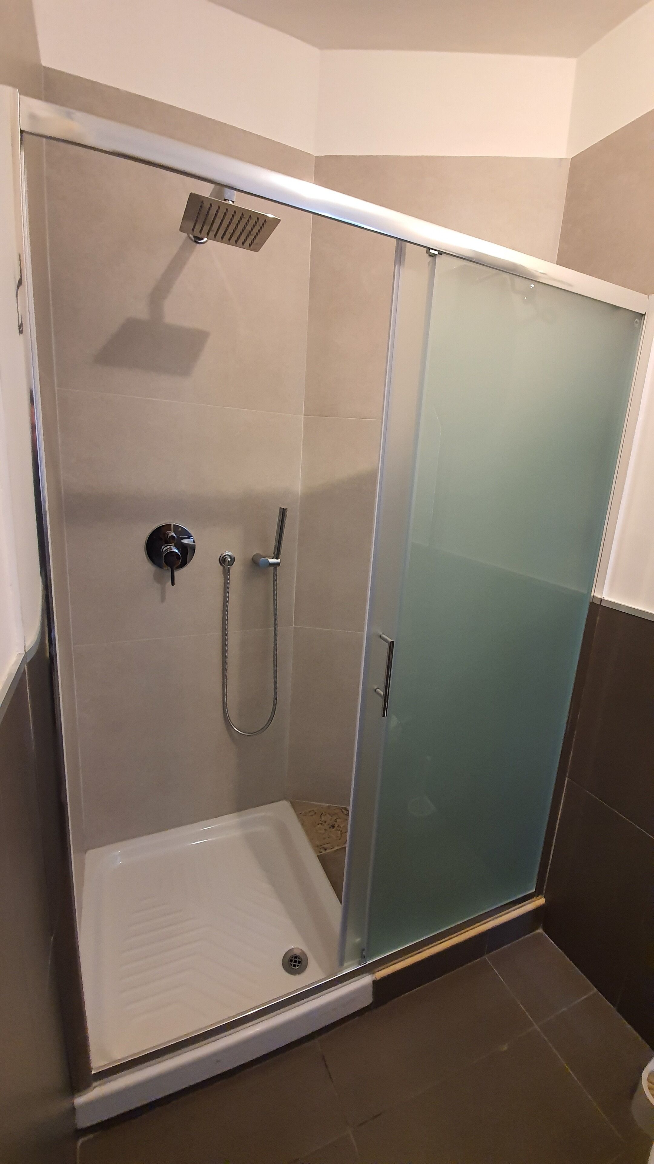 Um chuveiro sem barreiras, com porta de vidro, um chuveiro e um chuveiro manual.