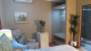 Quarto de hotel com cama, uma cadeira, mesa pequena com planta, ar condicionado fixado na parede e área de chuveiro.