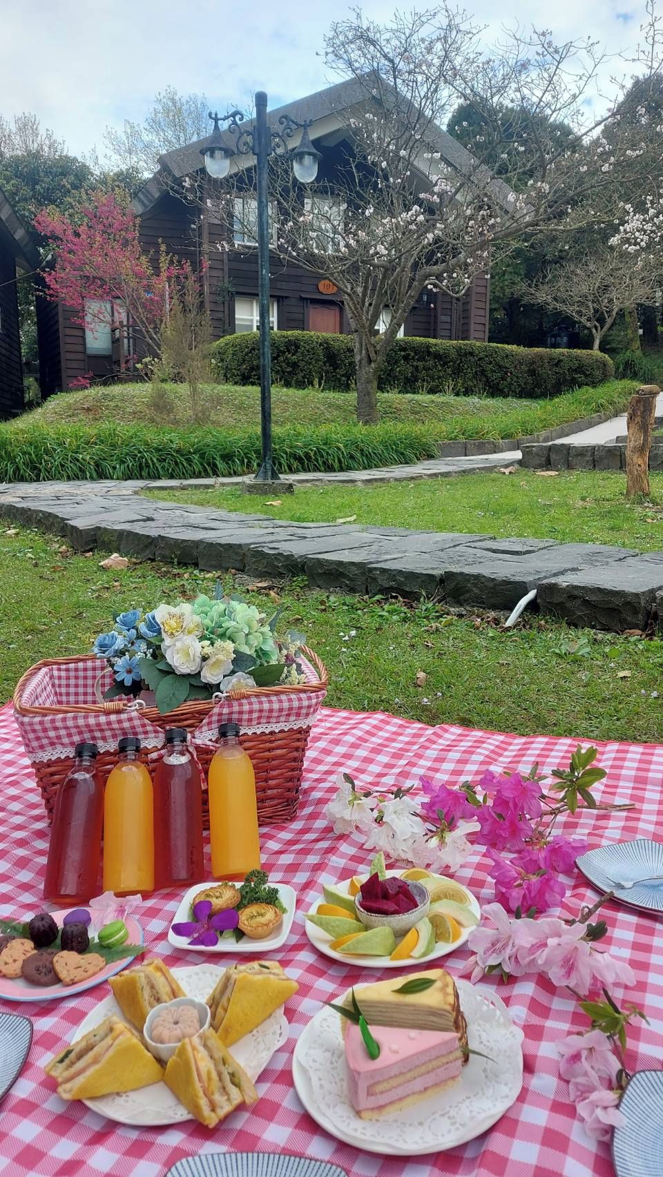 Um piquenique montado com comida e bebidas sobre uma toalha xadrez, rodeado por vegetação e um edifício ao fundo.