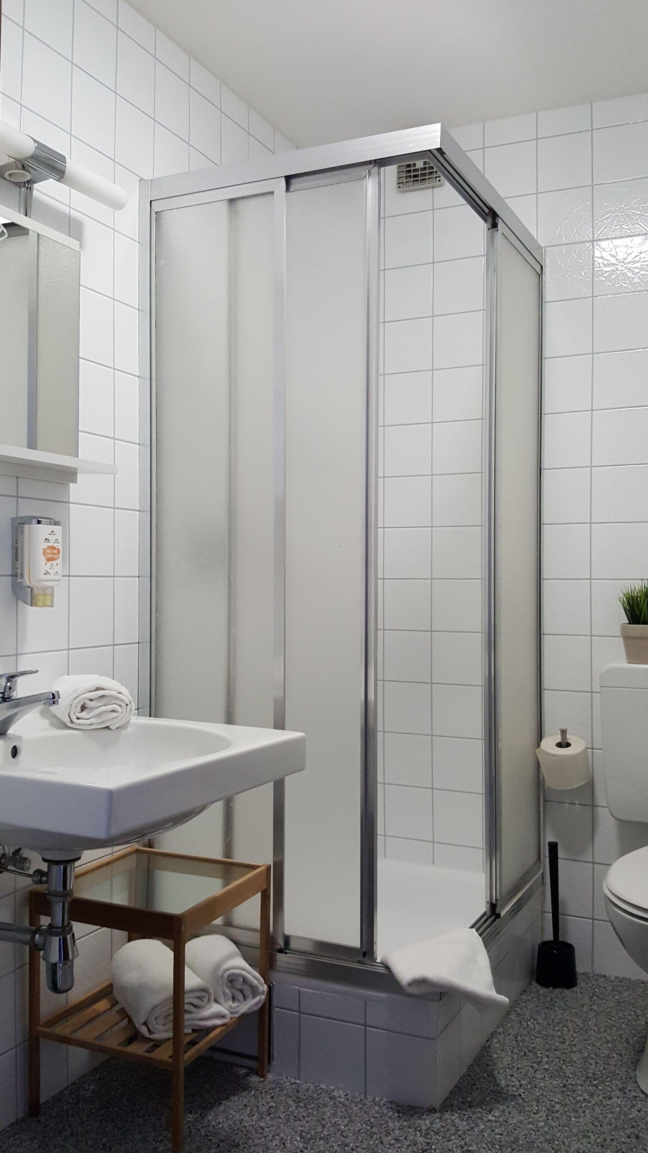 Uma casa de banho moderna com cabine de duche em vidro, lavatório com porta-toalhas e sanita.