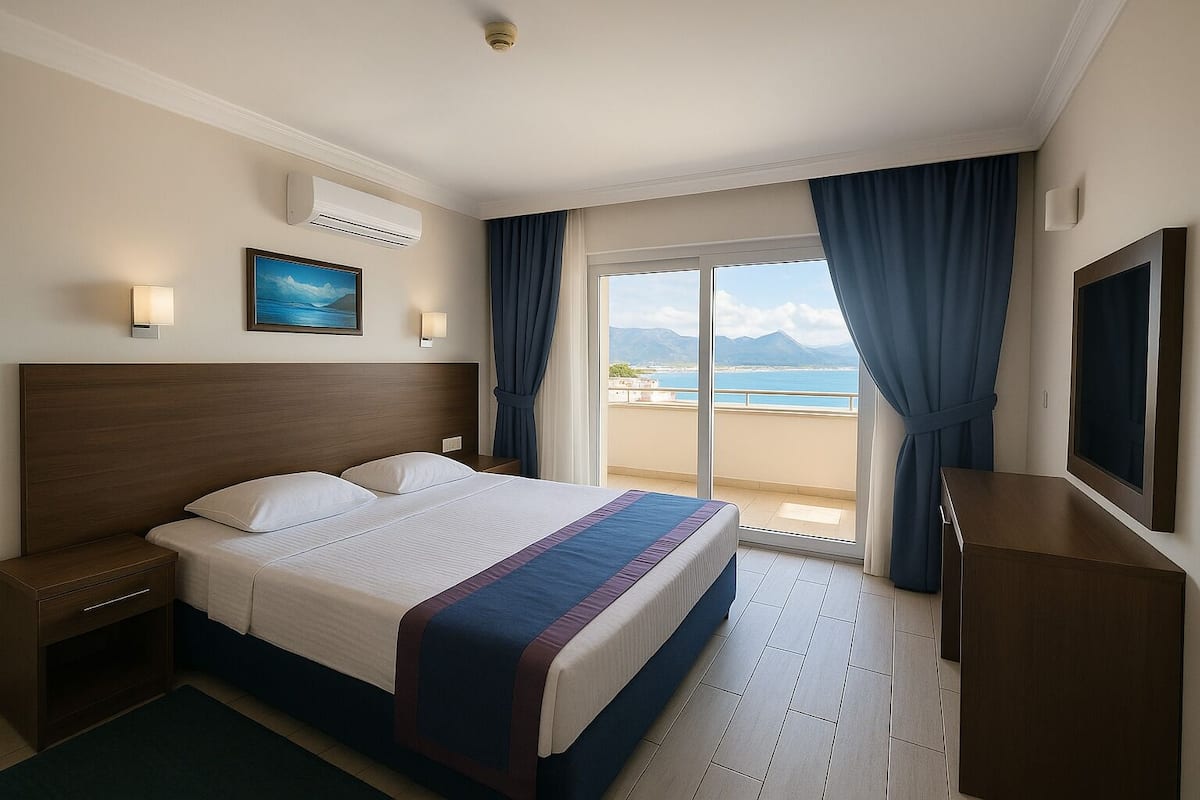 Quarto de hotel com cama, mesa de cabeceira, televisão e vista para o mar.