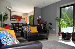 TV de tela plana, lareira