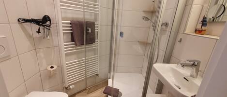 Uma casa de banho moderna com chuveiro em cabine de vidro, uma sanita branca e um porta-toalhas com uma toalha castanha.