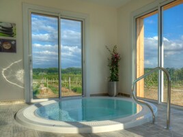 Piscina interior circular com vista para vinhedos através de grandes portas deslizantes.