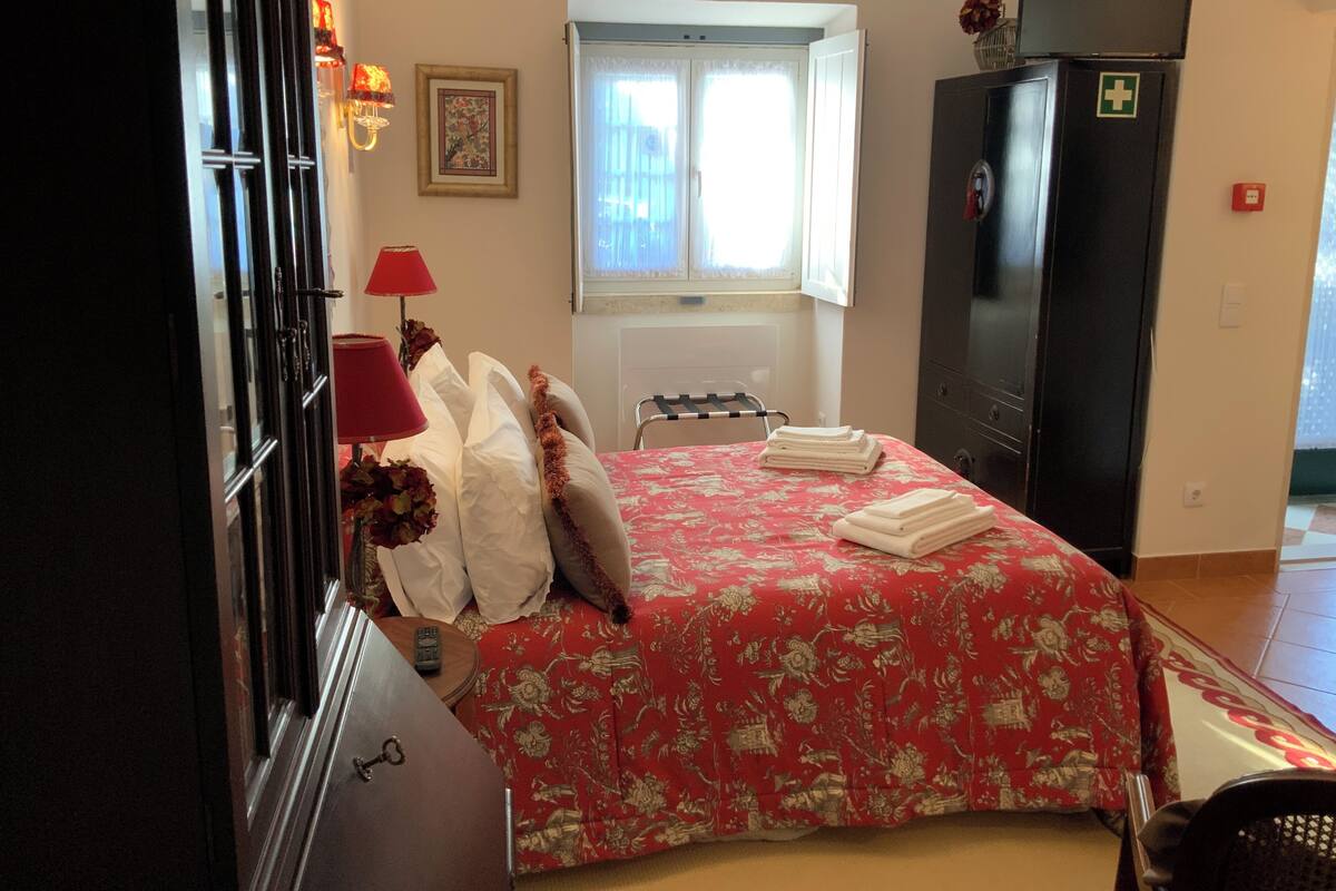 Quarto com cama, televisão, janela e porta.