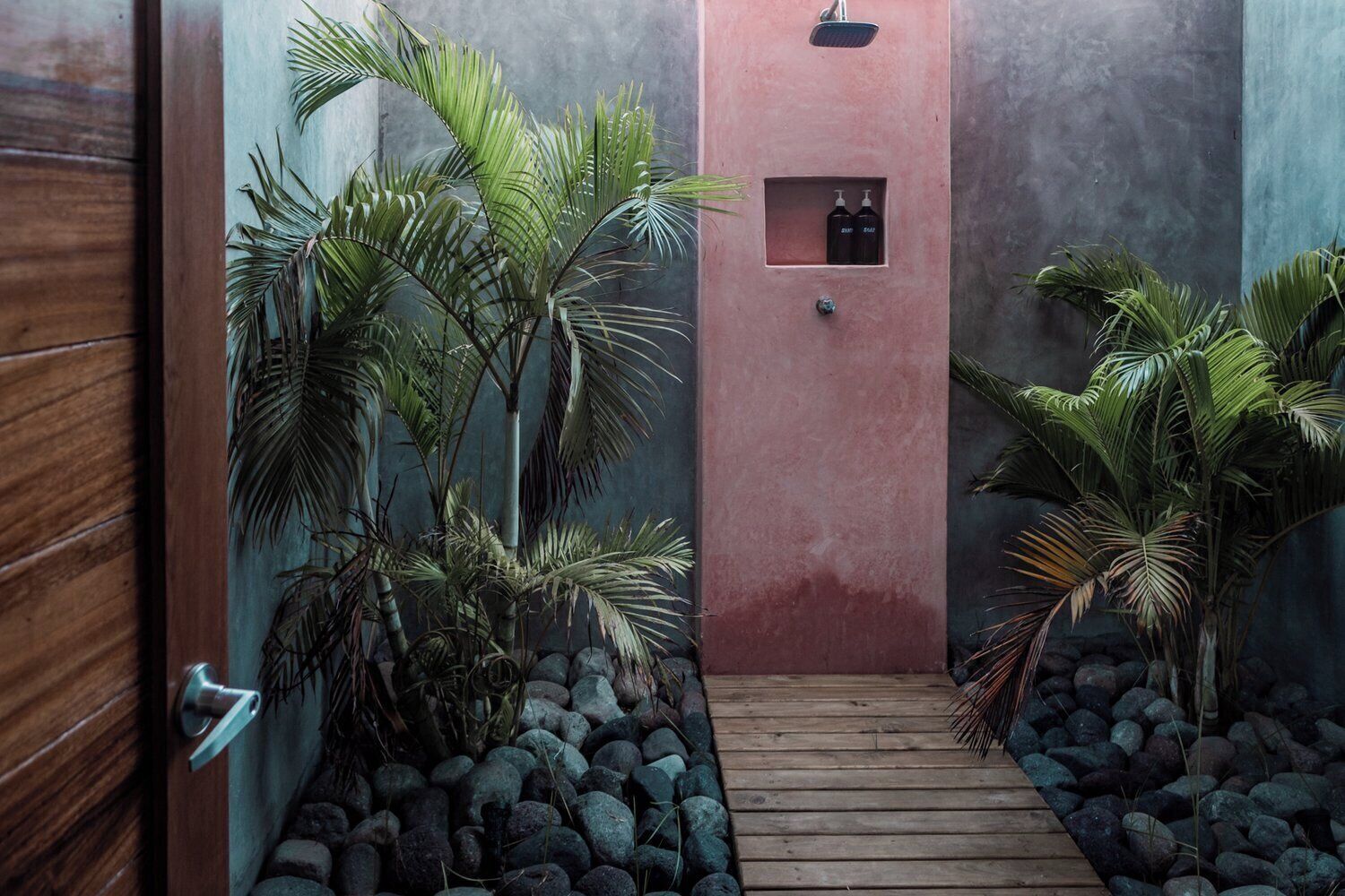 Um espaço de chuveiro estreito e fechado, com piso de madeira, rodeado por plantas tropicais exuberantes e uma parede rosa.