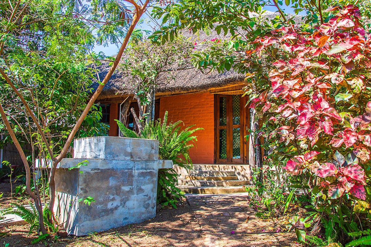 Uma casa rústica com telhado de palha, uma estrutura de concreto em frente e um jardim com diversas plantas e uma escadaria de madeira que leva à entrada.