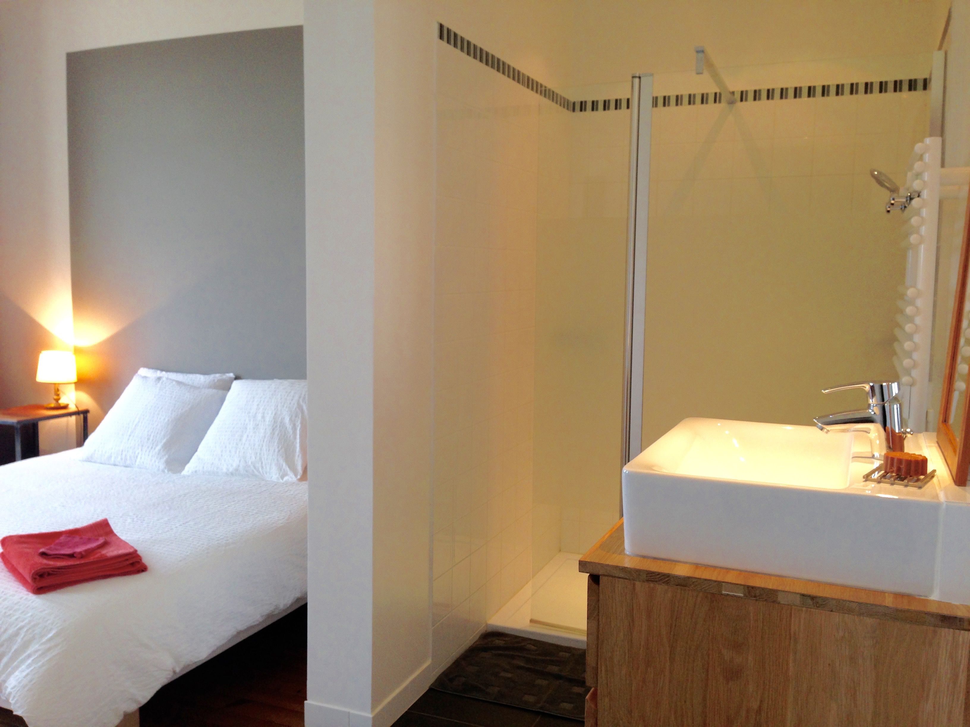 Quarto de hotel com cama, luminária de cabeceira, banheiro com chuveiro e pia.