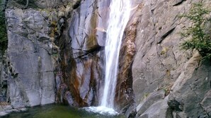 Uma cascata desce por um penhasco rochoso em direção a uma piscina cristalina.