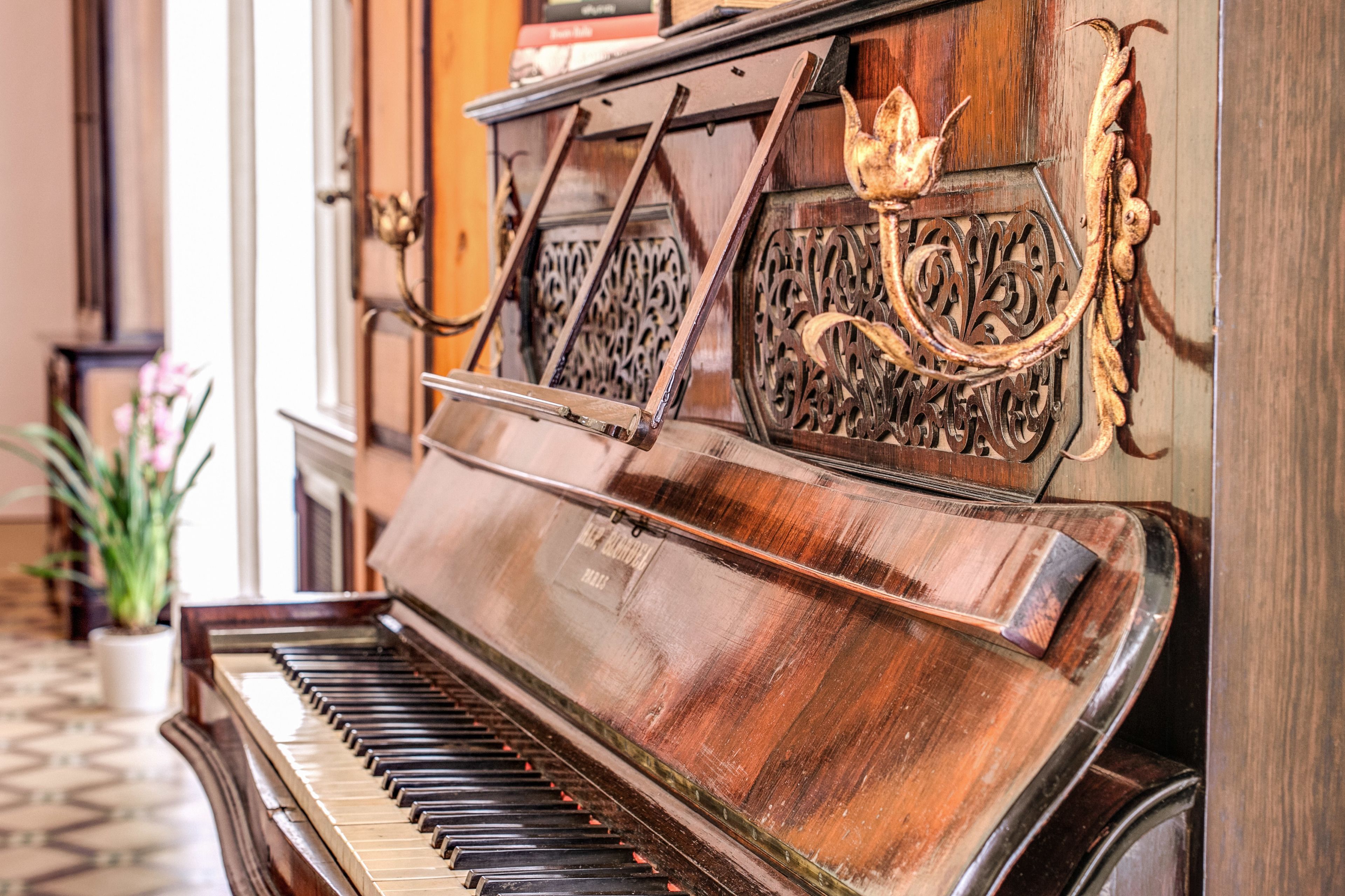 Um piano de cauda imponente com esculturas detalhadas e acabamento em madeira polida.