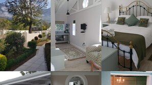 Quarto com cama, mesa de cabeceira e vista para o exterior.