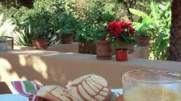 Uma mesa com um copo de suco de laranja e biscoitos, rodeada por plantas em vasos e vista para montanhas.