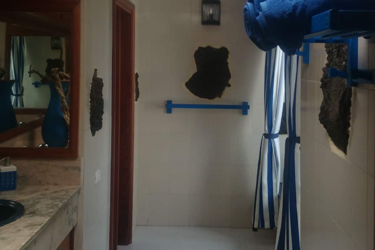Um banheiro com teto branco, porta-toalhas azul e um espelho.