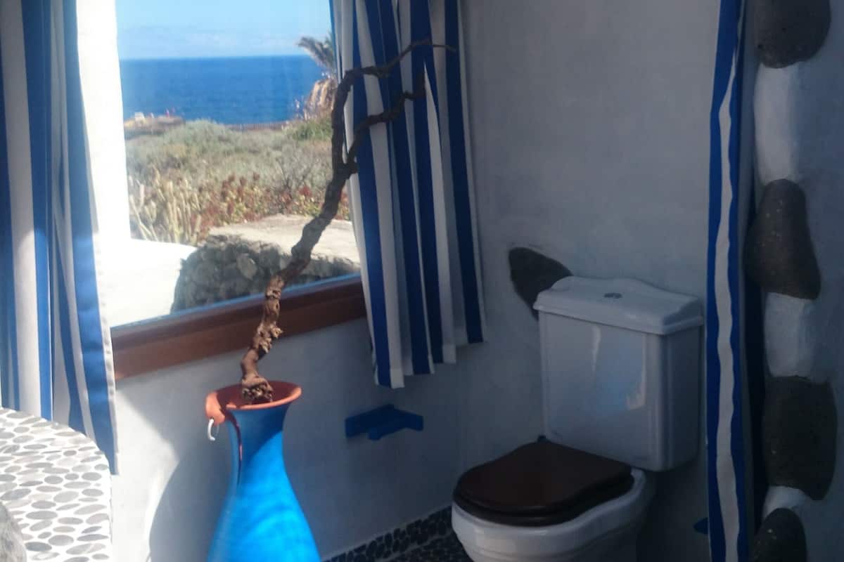 Casa de banho com sanita, um vaso azul e vista para o mar.