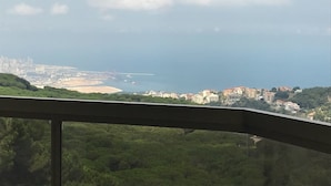 Paisagem urbana costeira com edifícios e vegetação, vista de uma varanda.
