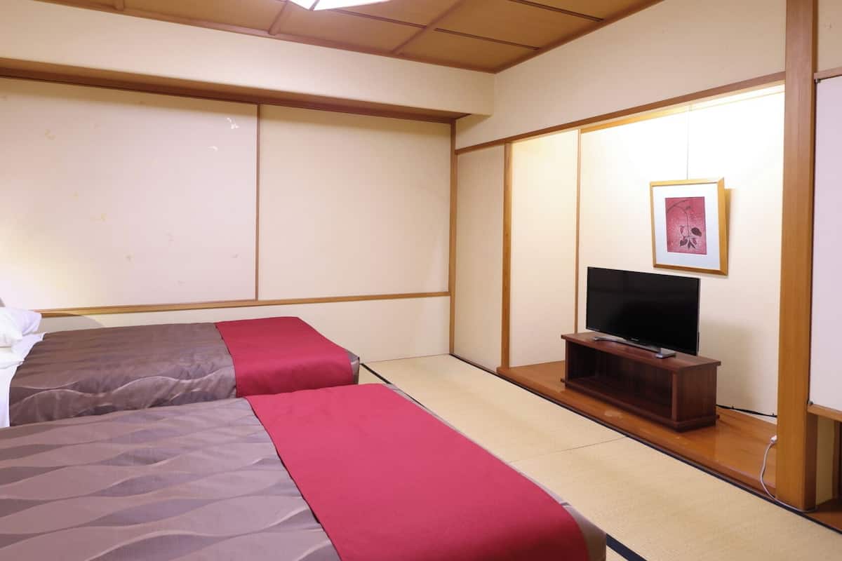 Quarto de hotel com duas camas, televisão e portas de correr.