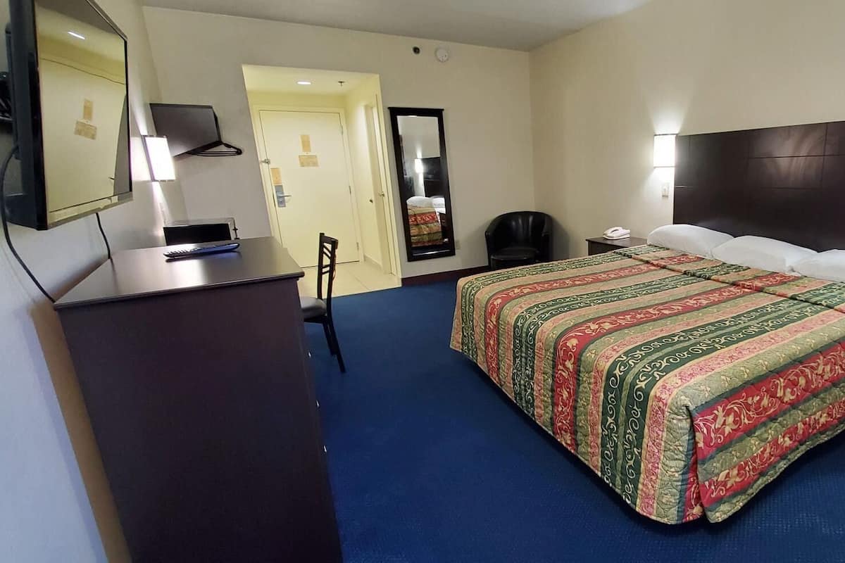 Quarto de hotel com cama, escrivaninha, cadeira, espelho e mesa de cabeceira.