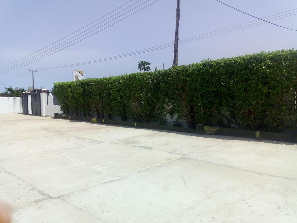 Uma área pavimentada com um sebe e uma parede branca.