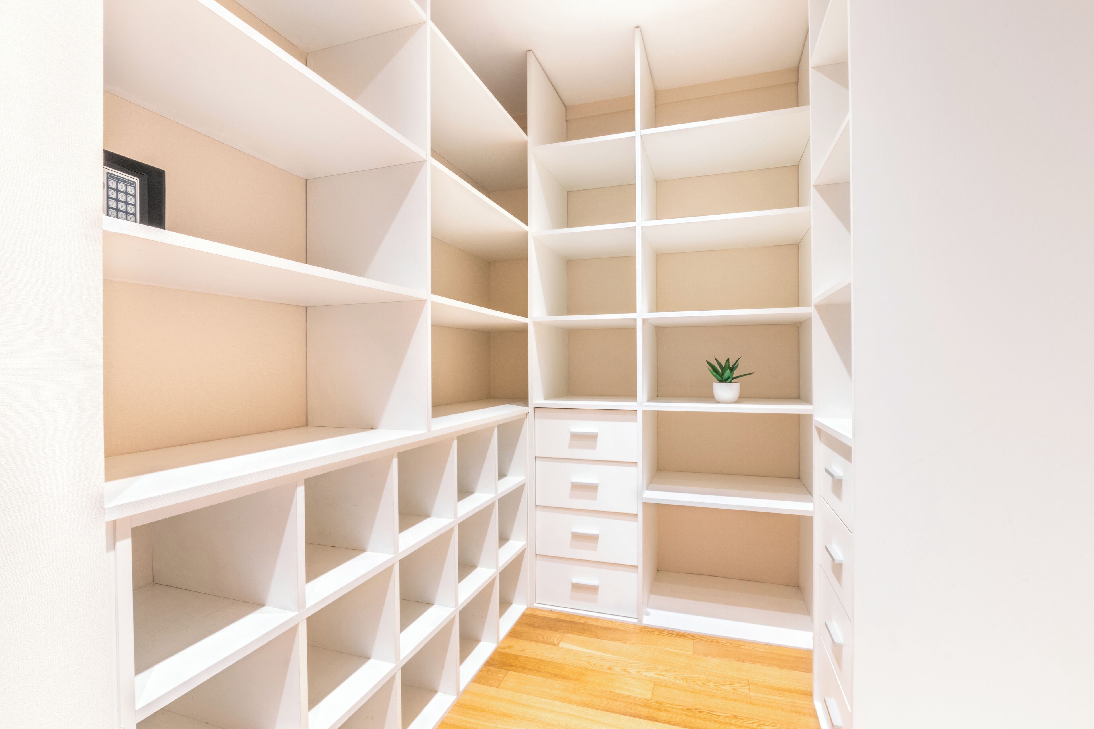 Um closet amplo com várias prateleiras e gavetas, piso de madeira e um pequeno vaso com planta.