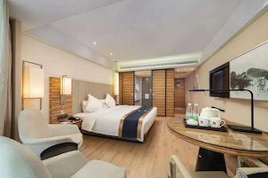 Quarto de hotel com uma cama, escrivaninha, cadeira, televisão e um quadro na parede.