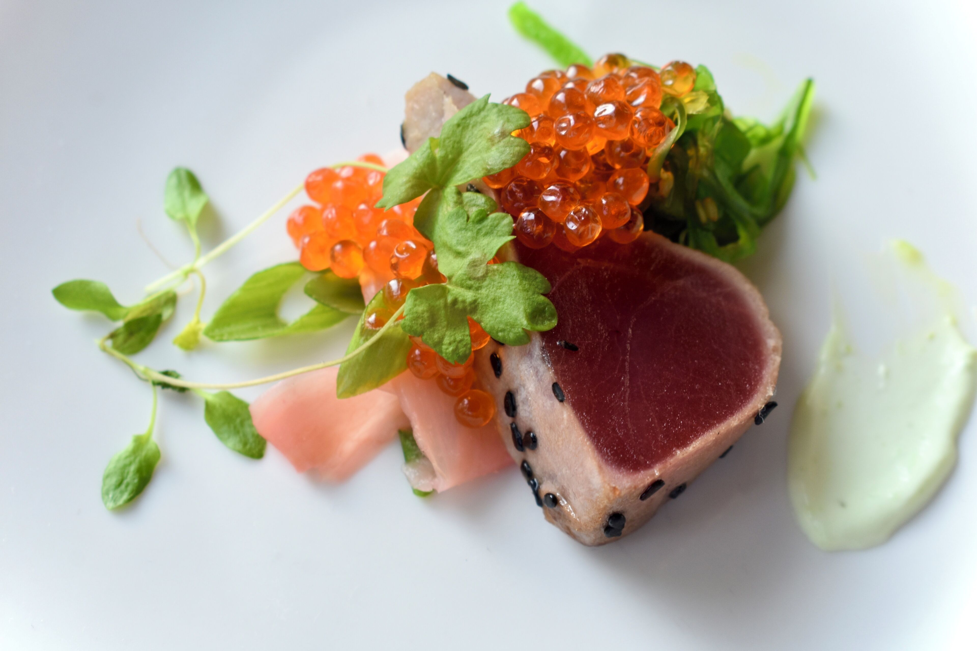 Prato com peixe, caviar e folhas verdes.