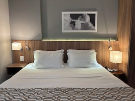Quarto de hotel com uma cama, duas luminárias de cabeceira, um quadro na parede e uma cabeceira de madeira.