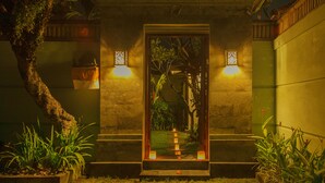 Uma entrada bem iluminada com um caminho que leva a uma porta, rodeada por vasos de plantas e uma árvore.