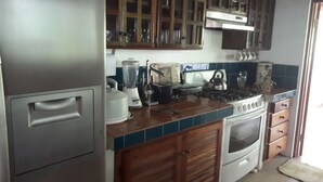 Cozinha equipada com geladeira, fogão, forno e diversos eletrodomésticos.