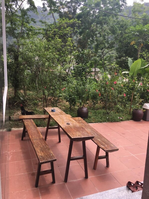 Um pátio externo com bancos de madeira e piso de azulejos, cercado por vegetação exuberante e plantas em vasos.