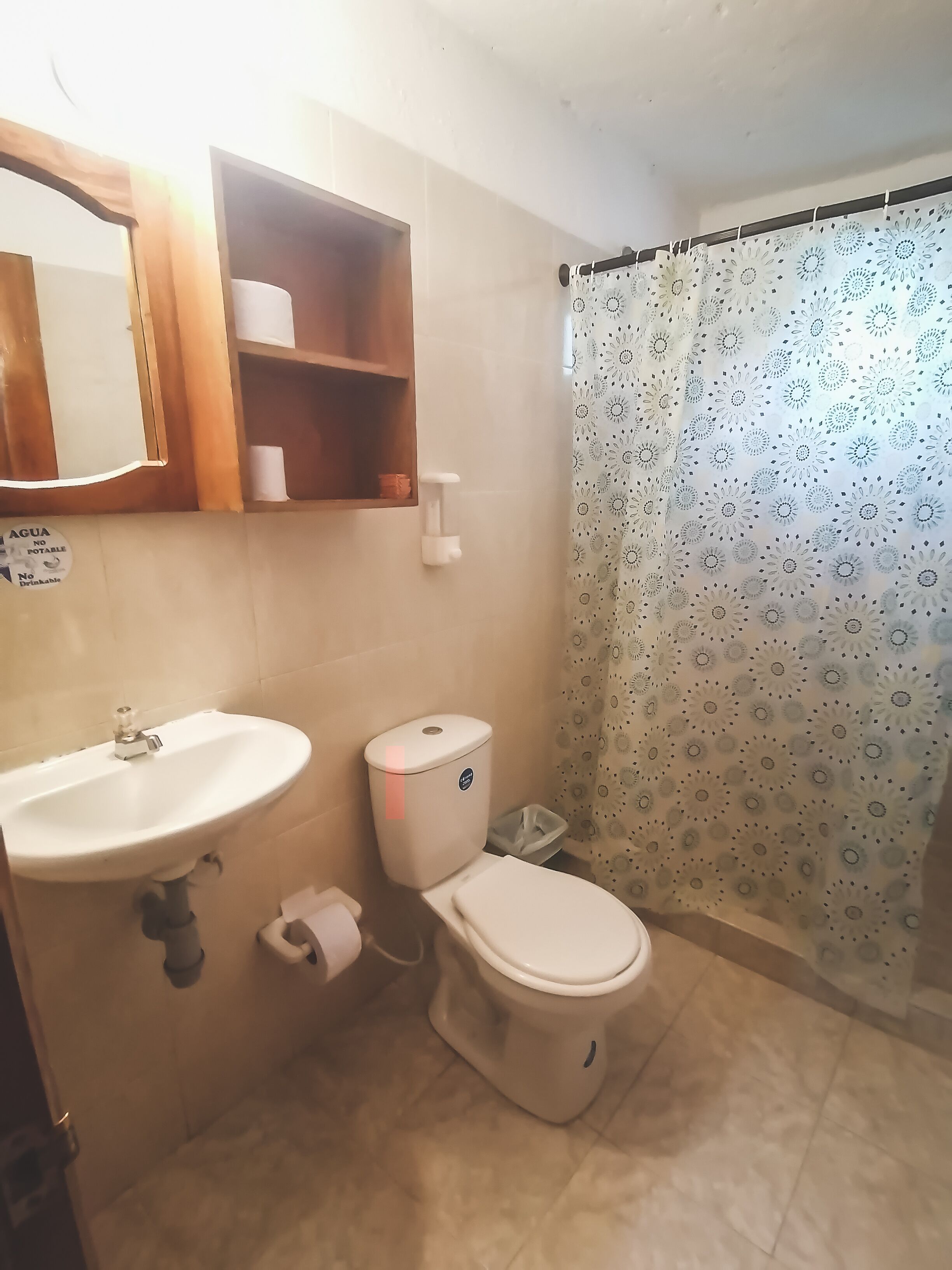 Casa de banho com lavatório, sanita e cortina de chuveiro.
