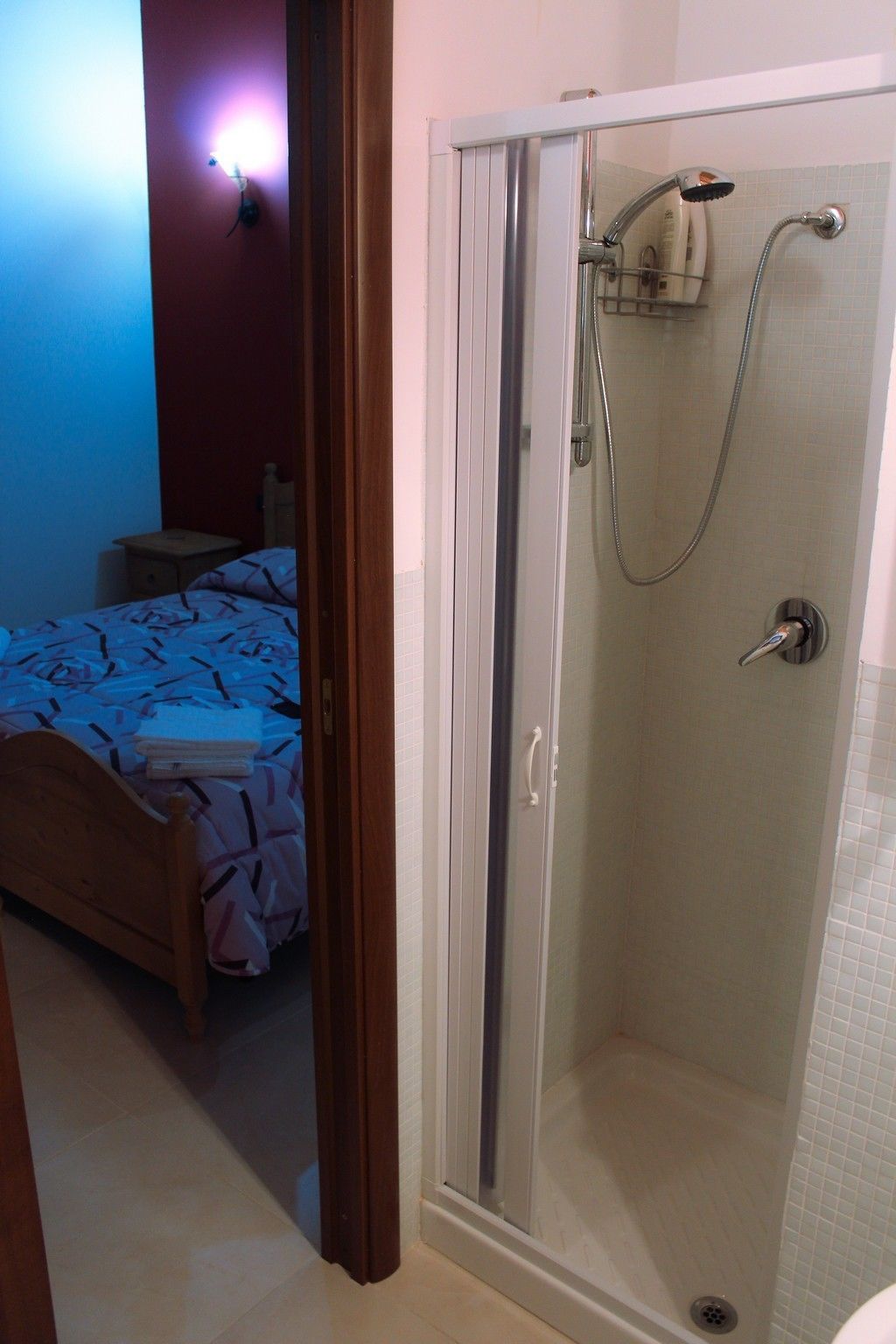 Quarto com cama e área de chuveiro.