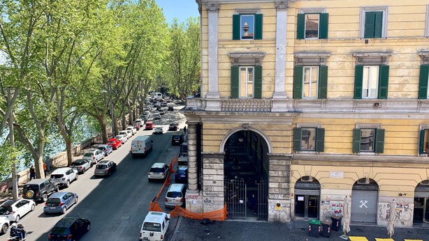 Vista da rua com carros estacionados, um prédio com persianas verdes e árvores ao longo da estrada.