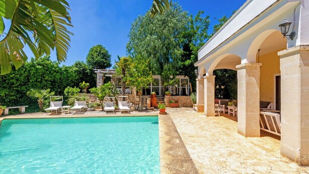 Uma piscina com espreguiçadeiras, um terraço coberto e vegetação exuberante.