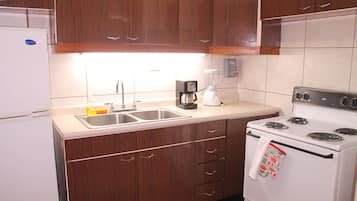 Apartamento Deluxe, 1 quarto, não fumadores | Cozinha privada | Um frigorífico/congelador grande, um forno, uma placa de cozinha