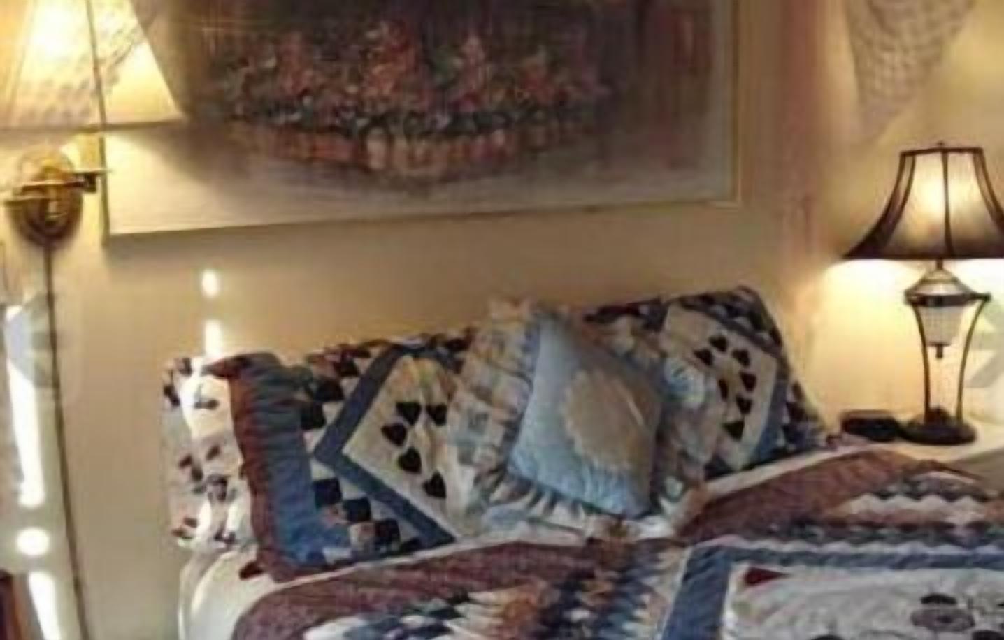 Quarto com cama coberta por um edredom estampado, um quadro na parede e duas luminárias.