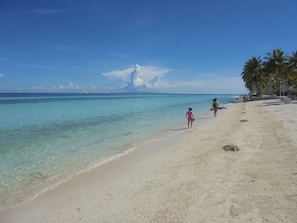 Uma praia com águas turquesa cristalinas, areal arenoso e palmeiras ao fundo.