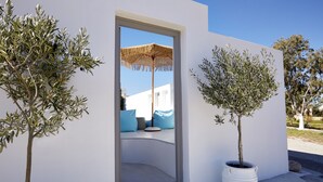 Um edifício moderno com fachada branca, uma entrada que dá para uma área de estar com almofadas azuis e duas oliveiras em vasos.