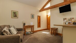 Sala de estar com sofá, uma pequena mesa de madeira e área de cozinha com balcão e televisão fixada na parede.