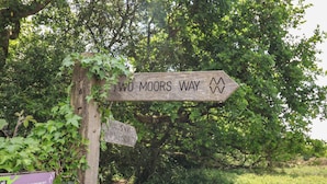 Um sinalizador de madeira aponta para direções diferentes, com as indicações 'Two Moors Way' e 'Hendricks Swamp'.