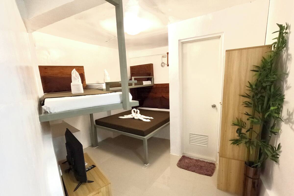 Quarto de hotel compacto com beliches, uma pequena mesa com um computador, uma porta de madeira e um vaso de plantas.