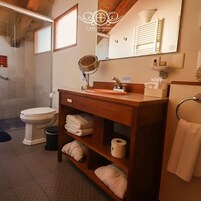 Suíte luxo | Banheiro | Chuveiro, secador de cabelo, toalhas de banho, sabonete