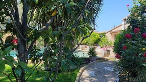 Um jardim com diversas plantas e flores, um caminho e um edifício ao fundo.