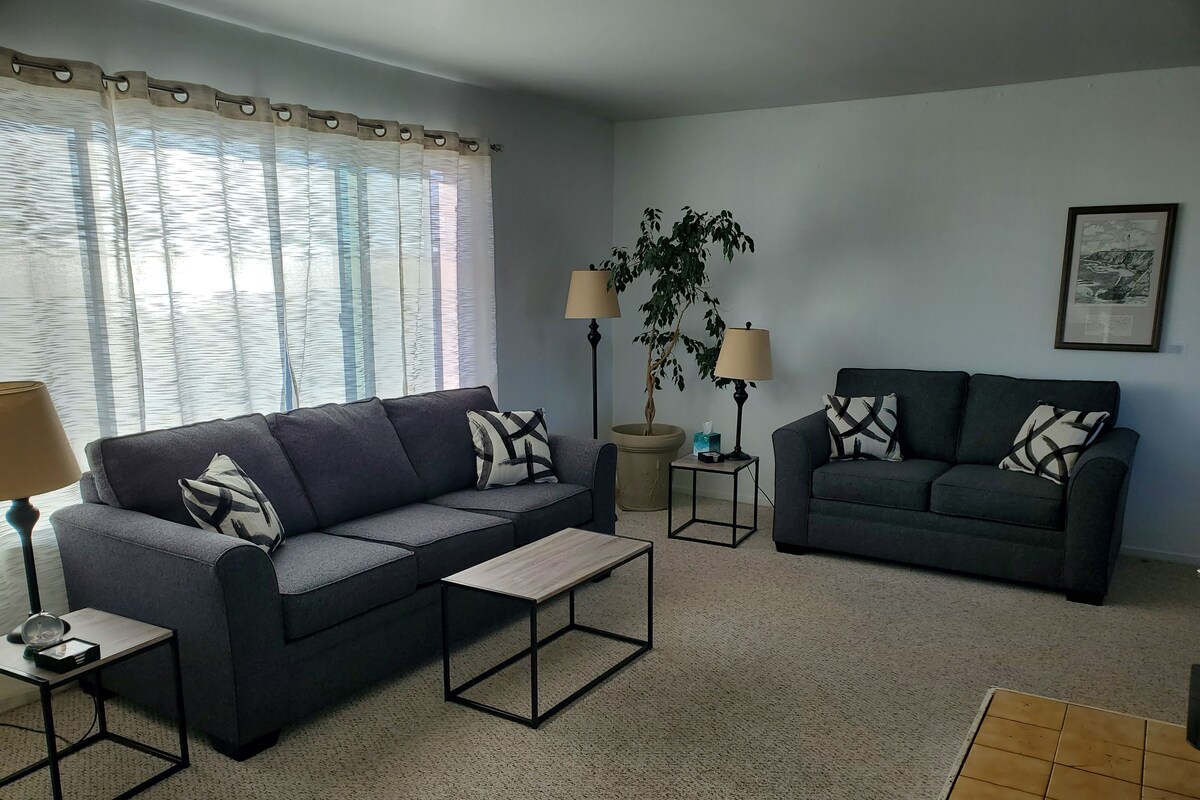 Sala de estar com dois sofás, uma mesa de centro, um abajur, uma planta em vaso e um quadro na parede.