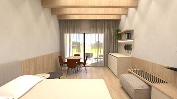 Quarto de hotel moderno com uma cama, uma escrivaninha, uma cadeira, uma mesinha e uma janela com vista para o exterior.