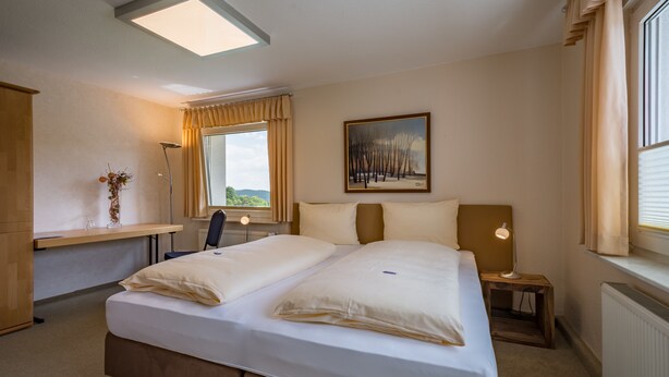 Quarto de hotel com uma cama de casal, uma escrivaninha, uma cadeira, um abajur e um quadro na parede.