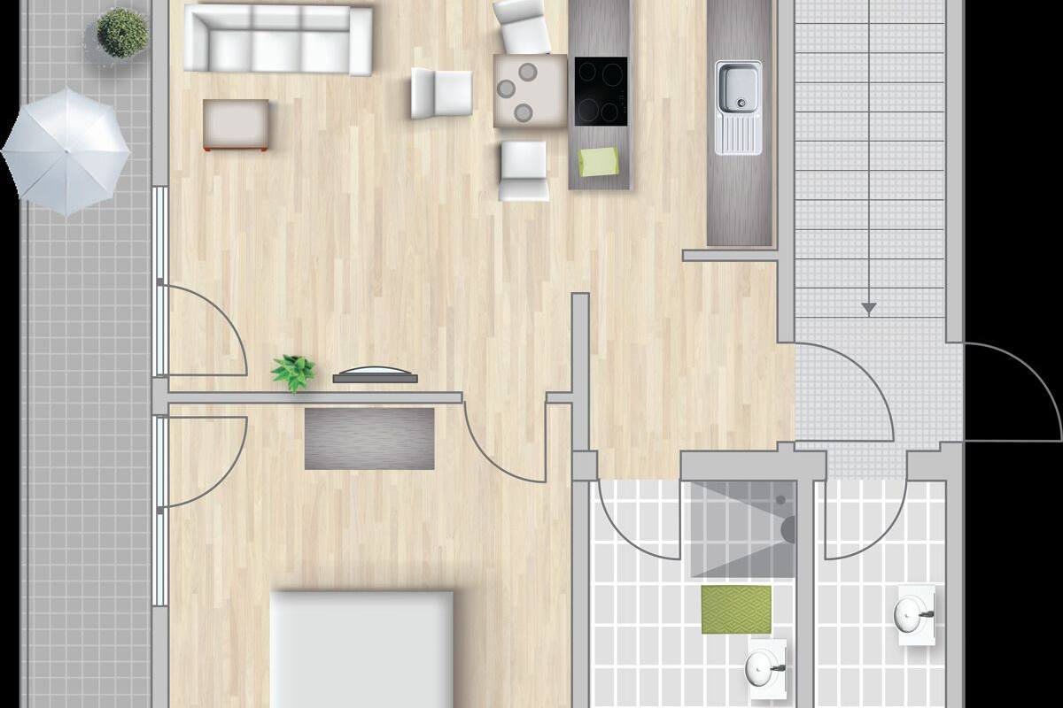 Disposição de um quarto de hotel com sala de estar, cozinha compacta, banheiro e uma pequena varanda.