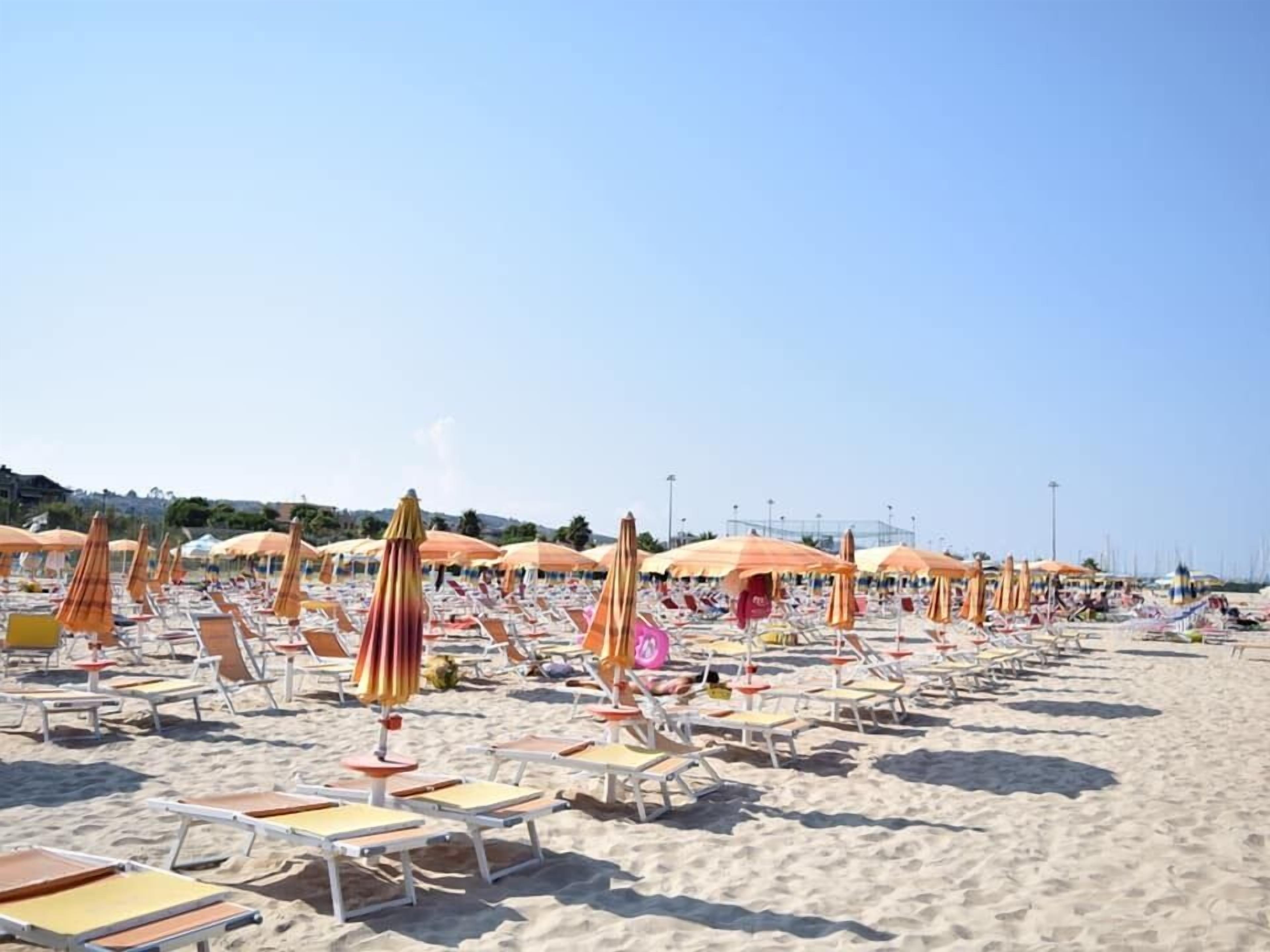 Uma praia com fileiras de espreguiçadeiras e guarda-sóis.