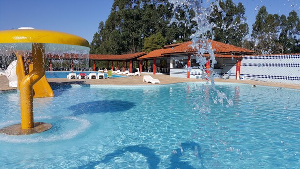 Piscina com detalhes aquáticos, espreguiçadeiras e área coberta com telhado em mosaico.