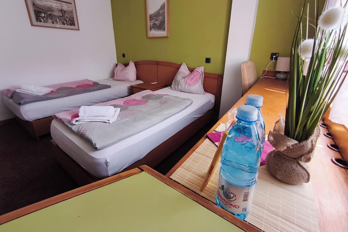 Quarto de hotel com duas camas, uma escrivaninha de madeira, uma garrafa de água e uma planta.